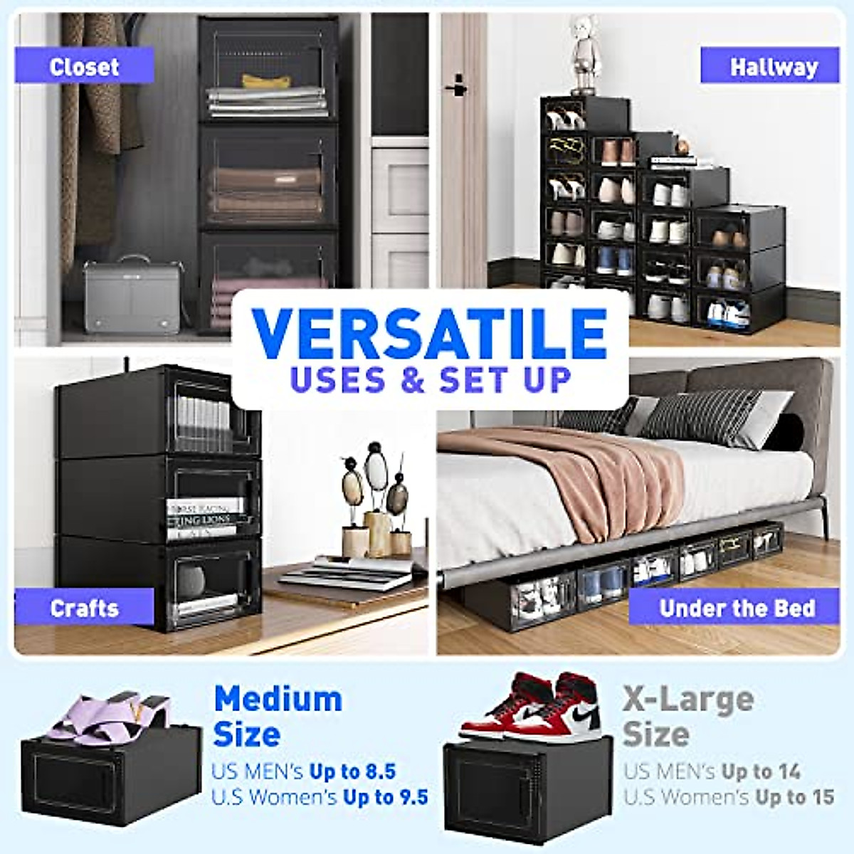 FINESSY Small Shoe Organizer Shoe Storage Box, Shoe Boxes Clear Plastic Stackable, Clear Shoe Boxes Stackable Black Shoe Organizer For Closet Shoe Containers Shoe Box Storage Containers (Dark Blue)