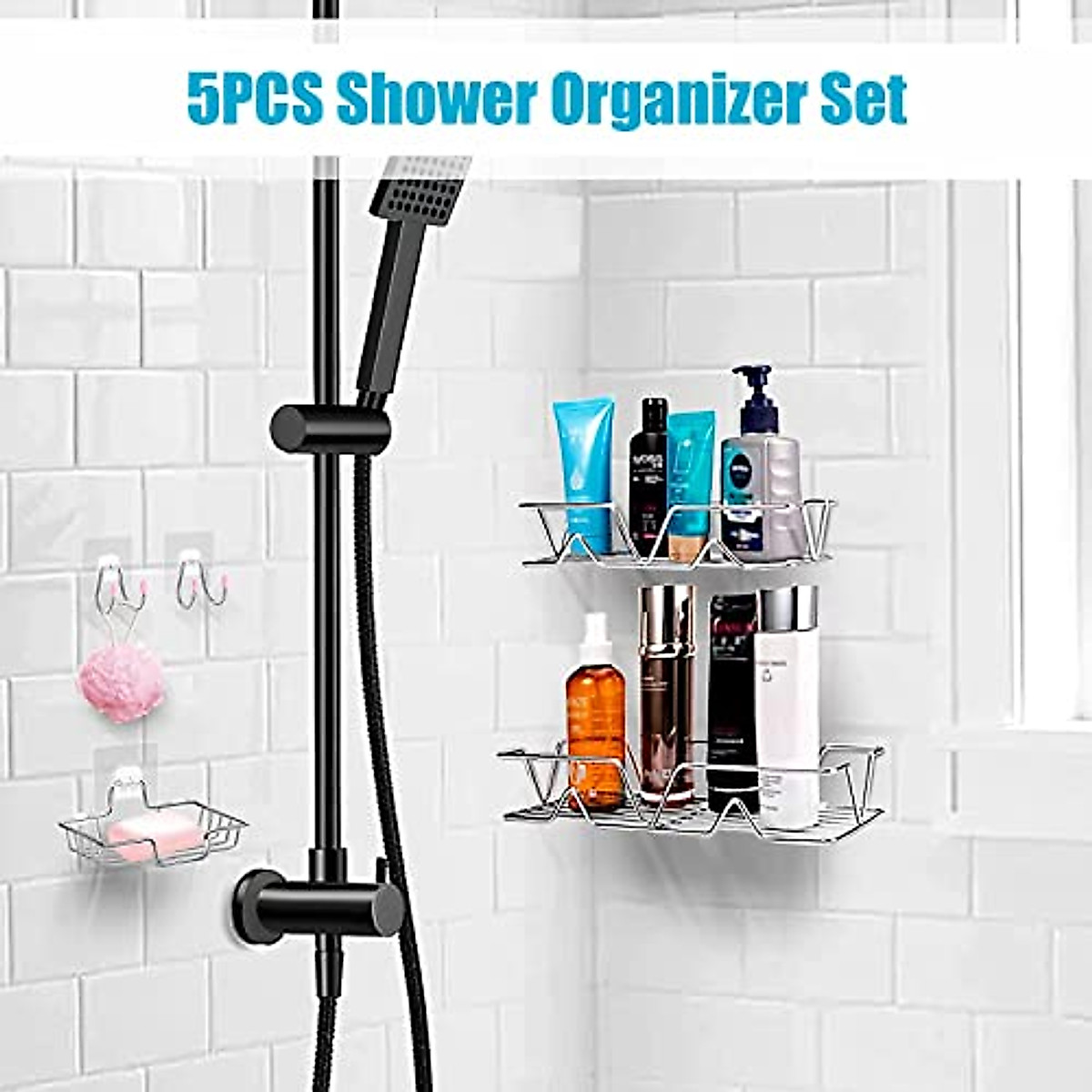 CGBE Shower Caddy, Shower Shelves With Soap Dish Holder Adhesive Hooks, Rust Free Shower Organizer Shower Rack Shampoo Holder Wall Mount For Bathroom Kitchen Storage (5 Packs)