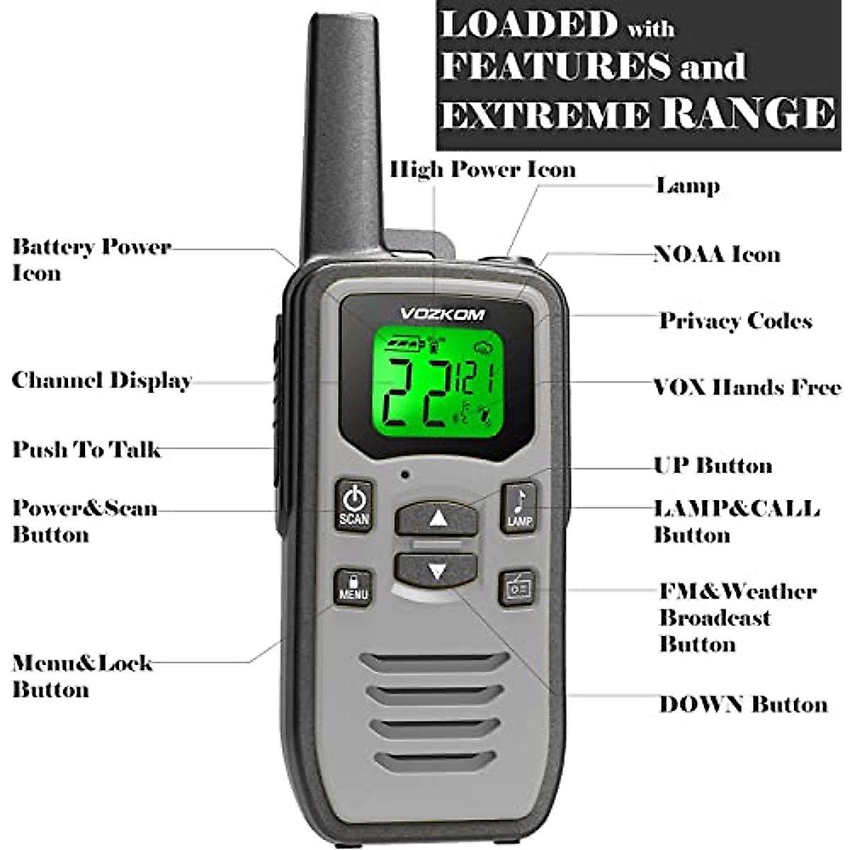 Long Range Walkie talkies, 2 Way Cb Radio Rechargeable, Camping Walky Talky for Adults, Survial Kits and Equipment, 142 Privacy Codes, & NOAA Weather Scan