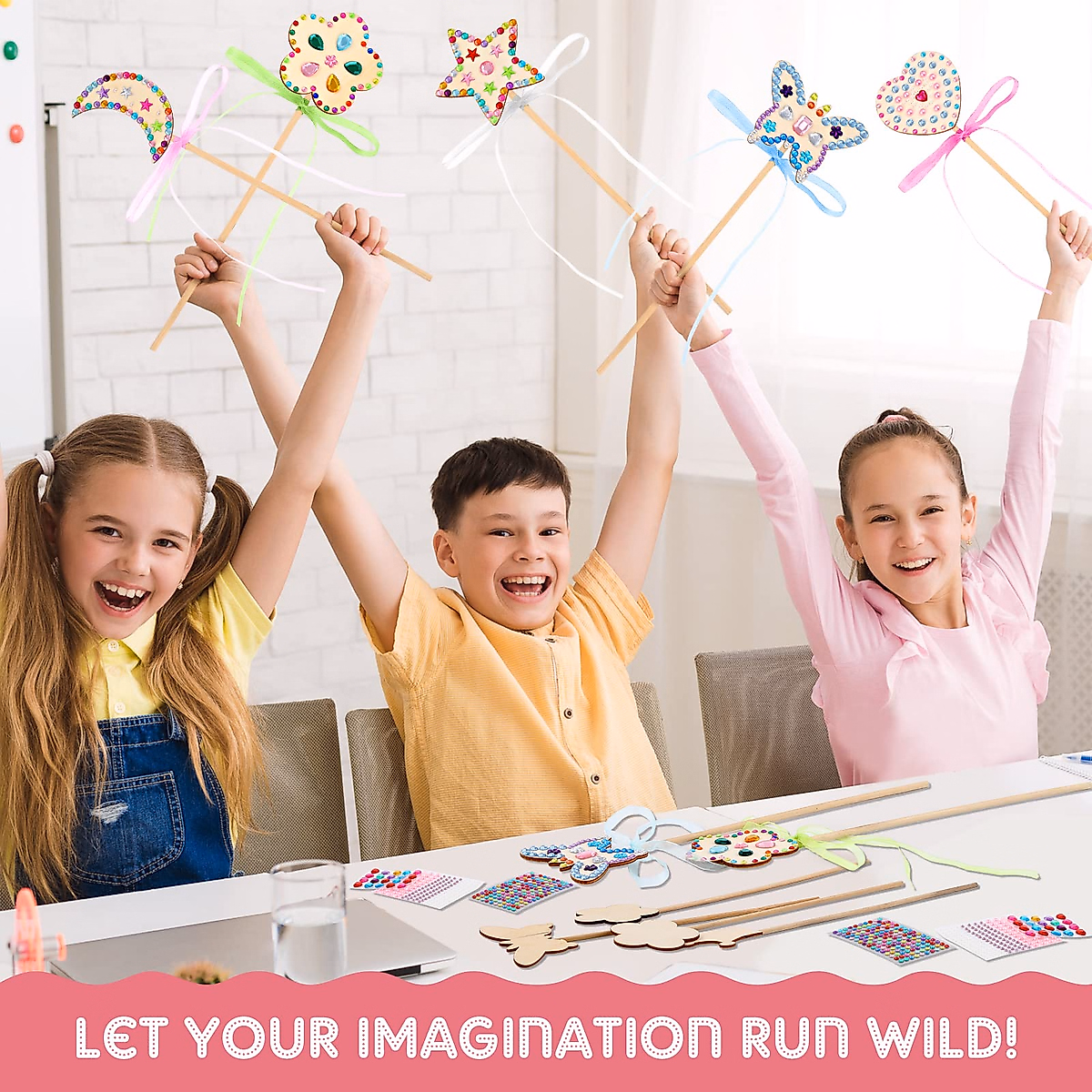 Princess Fairy Wands Kit Include Wooden Fairy Wands, Gem Stickers, Ribbons Unfinished Wooden DIY Magical Wand Crafts Moon Butterfly Magical Wand for Girls Make Your Own Princess Wand(18 Sets)