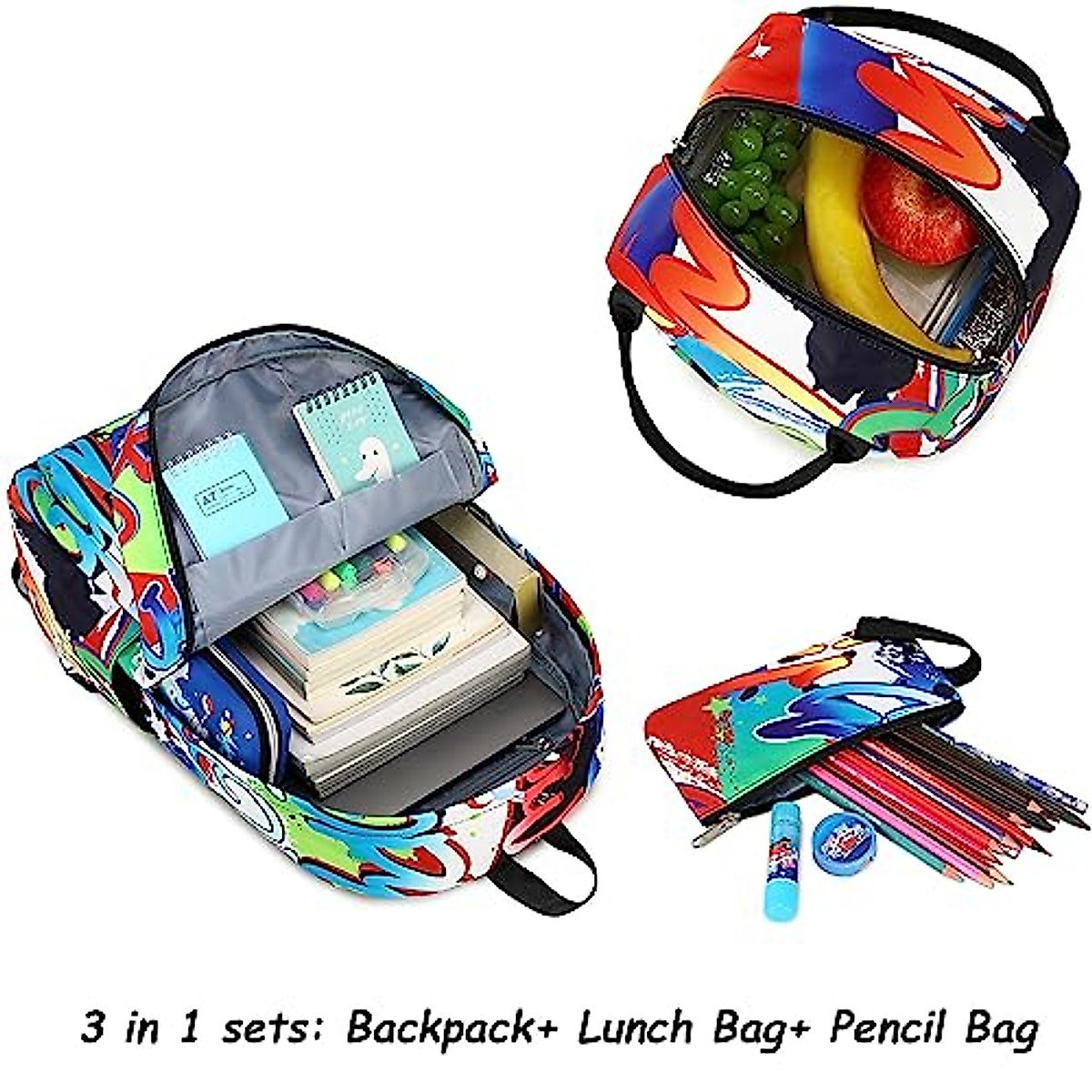 Bluboon School Backpack for Boys Teens Bookbag Travel Daypack Kids Girls Lunch Bag Pencil Case (Doodle-3pcs)