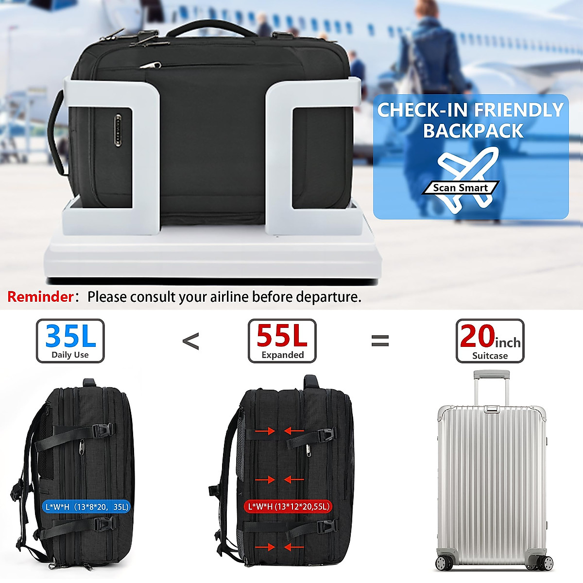 LOKASS 55L Travel Backpack All in One Carry on Backpack/Handbag/Shoulder bag, Flight Approved Travel Essentials Luggage Bag for Business Trip Travel, with Removable Toiletries Display Bag