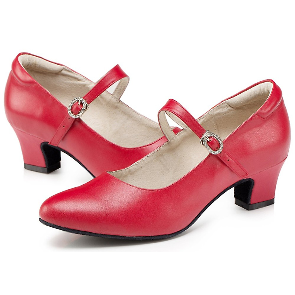 Honeystore Women's Synthetic Leather Metal Buckle Mary Jean Dance Shoes Closed-Toe Red 7 B(M) US