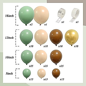 RUBFAC 160pcs Sage Green Brown Balloon Garland Kit Jungle Safari Woodland Balloon Arch with Sage Green Dark Brown Beige Gold Matte Balloons for Jungle Party Baby Shower Safari Birthday Decorations
