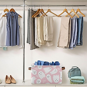 ZENWAWA Storage Cube Pink Halloween Cartoon Print Collapsible Fabric, Large Foldable Open Organizer Bins Baskets with PU Handles 1 Pack