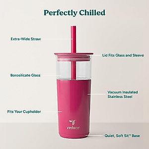REDUCE Aspen 20 oz Vacuum Insulated Glass Tumbler with Lid & Extra Wide Straw - Keeps Drinks Cold for 12 Hrs - Ideal for Iced Coffee, Smoothies & Boba - Dishwasher Safe, Soft Base - Dragonfruit