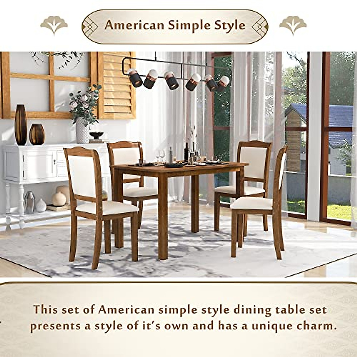 Origeture Dining Table Set for 4 Small Spaces, Solid Wood Dining Set with 4 Chairs, 5 Piece Kitchen Table Set for Apartment, Rectangle Breakfast Table and Chairs (Dining Table Set for 4, Walnut)