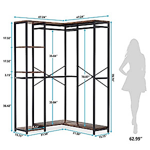 Tribesigns L-Shaped Clothes Rack for Corner, Heavy Duty Garment Rack with Shelves and Hanging Rods, Freestanding Closet Wardrobe Rack Metal Clothing Rack for Bedroom, Capacity 500lbs