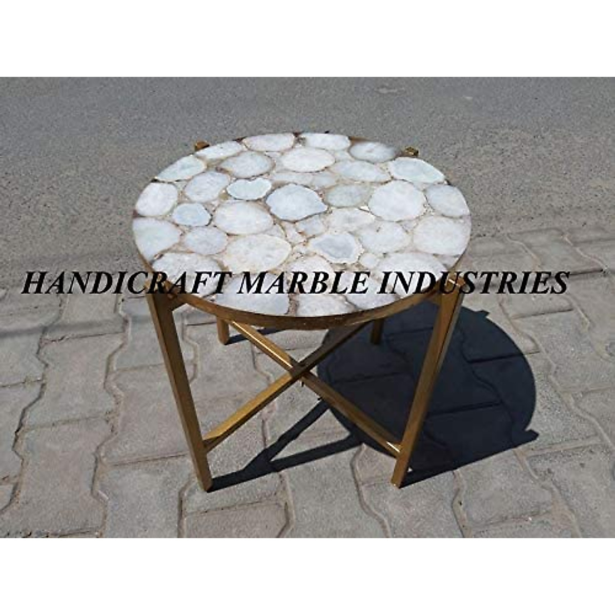 White Agate Round Table With Stand, Agate Stone Table With Stand, Round White Agate Side Table 15" Inch