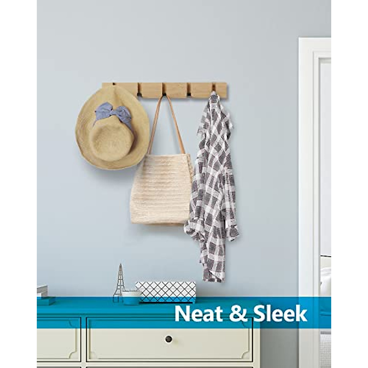 JSVER Wooden Coat Hooks Coat Rack Wall Mount, Space-Saving Coat Rack with 5 Standard Retractable Hooks, Hat Coat Hook for Entryway, Hallway, Bathroom, Living Room, Bedroom