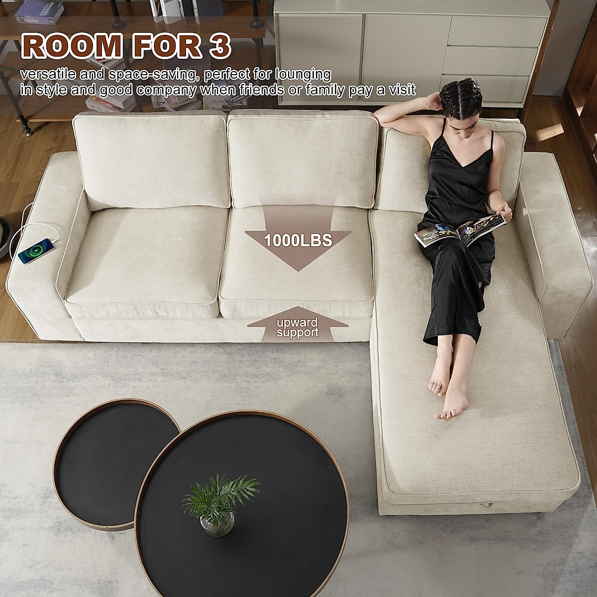 COOSLEEP 99” L-Shape Convertible Sectional Couches Sofas with 190L Storage Chaise,Chenilee Upholstered Sofas with Removable Cushion and Detachable Cover,USB and Type-c Charging for Living Room