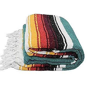 Open Road Goods Teal/Turquoise Diamond Mexican Yoga Blanket, Thick Serape with Red and Yellow Sunset Stripes - Handmade