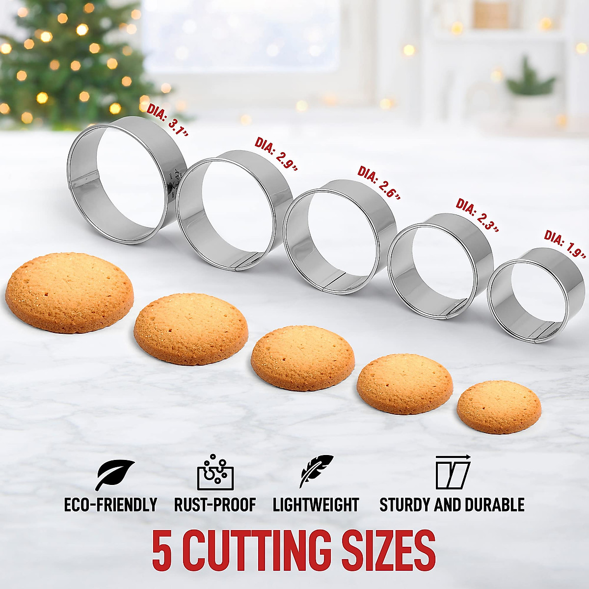 Zulay (5-Pieces) Round Cookie Cutters - Stainless Steel Rustproof Circle Biscuit Cutter Molds - Assorted Round Cookie Cutters With Rolled Top Edges For Dough & Pastries