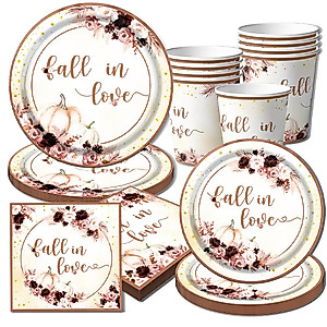 GREHUMOR 80pcs Fall Place Setting, Includes Disposable Tableware with Burgundy Flowers & Pumpkin Design, for Bridal Shower, Engagement, Anniversary, Autumn Themed Events