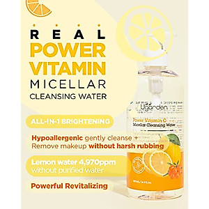 UGARDEN Power Vitamin C Micellar Cleansing Water, pH5.5 Rinse-Free Perfect Facial Makeup Remover, Hydrates & Brighten Skin, Dermatology Tested for Sensitive Skin, 16.9 fl.oz.