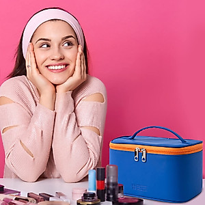 Makeup Bag Portable Travel Cosmetic Bag for Women, Beauty Zipper Makeup Organizer PU Leather Washable Waterproof (Blue)