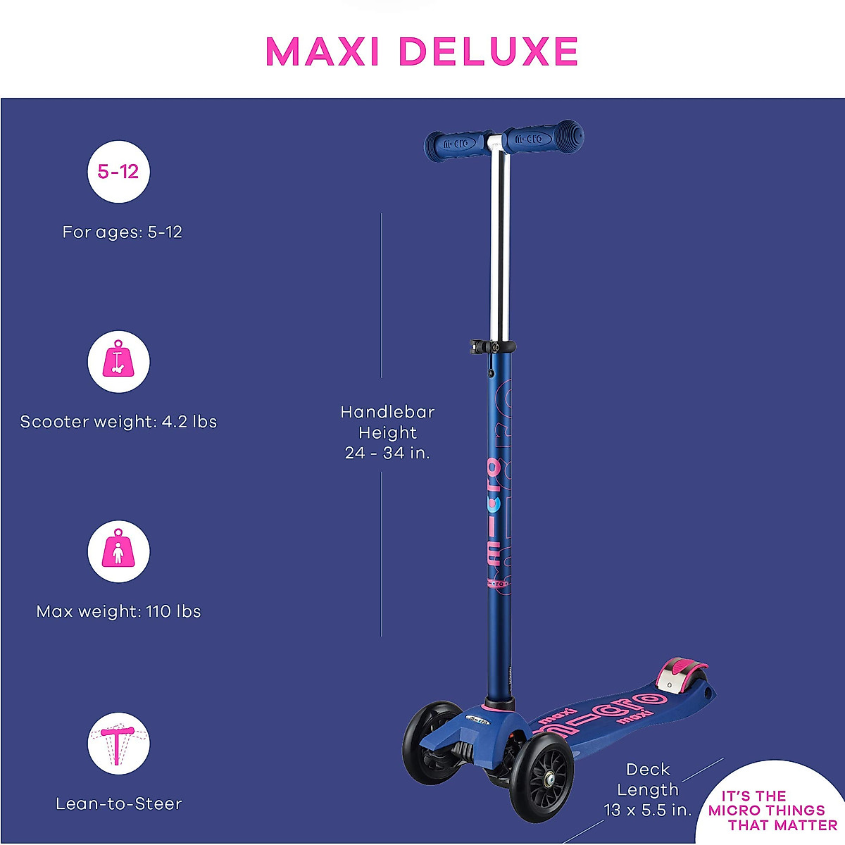 Micro Kickboard - Maxi Deluxe 3-Wheeled, Lean-to-Steer, Swiss-Designed Micro Scooter for Kids, Ages 5-12 - Indigo