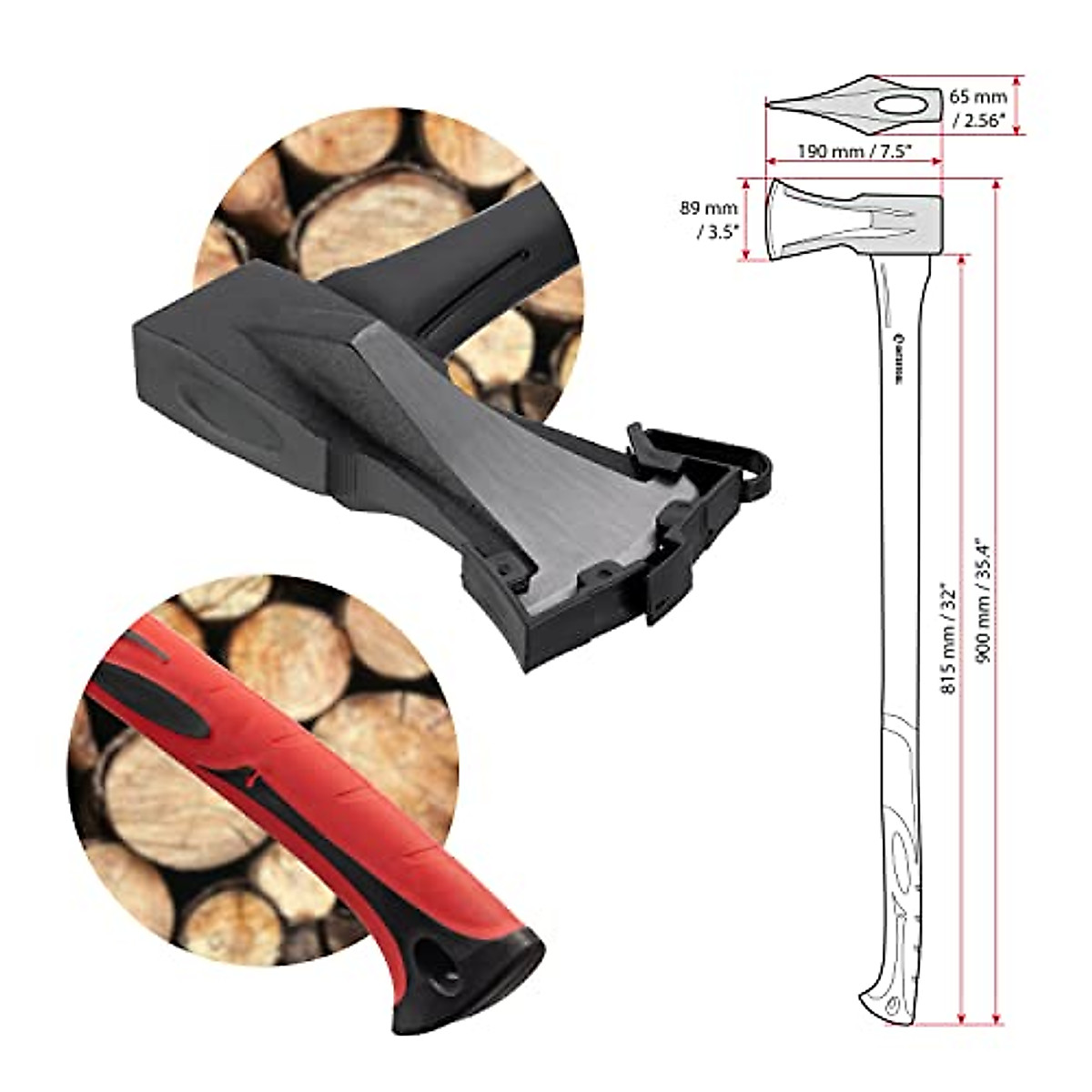 INTERTOOL 35-inch Splitting Maul, Wood Splitter Axe for Logs, 5 lb / 2270 g, Shock Absorbing Fiberglass Anti-Slip Handle with Blade Cover HT-0275