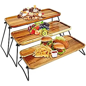 Montex 3 Tier Serving Tray Stand Wooden Serving Platters for Dessert Server Display 17 Inch Metal Stand