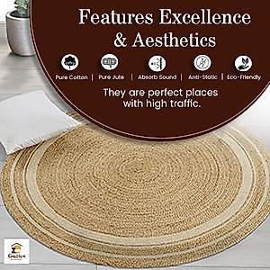 GRUHUM Jute Cotton Area Rug 4ft - Natural Fiber Round Handmade Boho Farmhouse Jute Area Rug Soft Braided Rustic Vintage Reversible Rug for Indoor Kitchen Bedroom Living Room Hallways Enterway