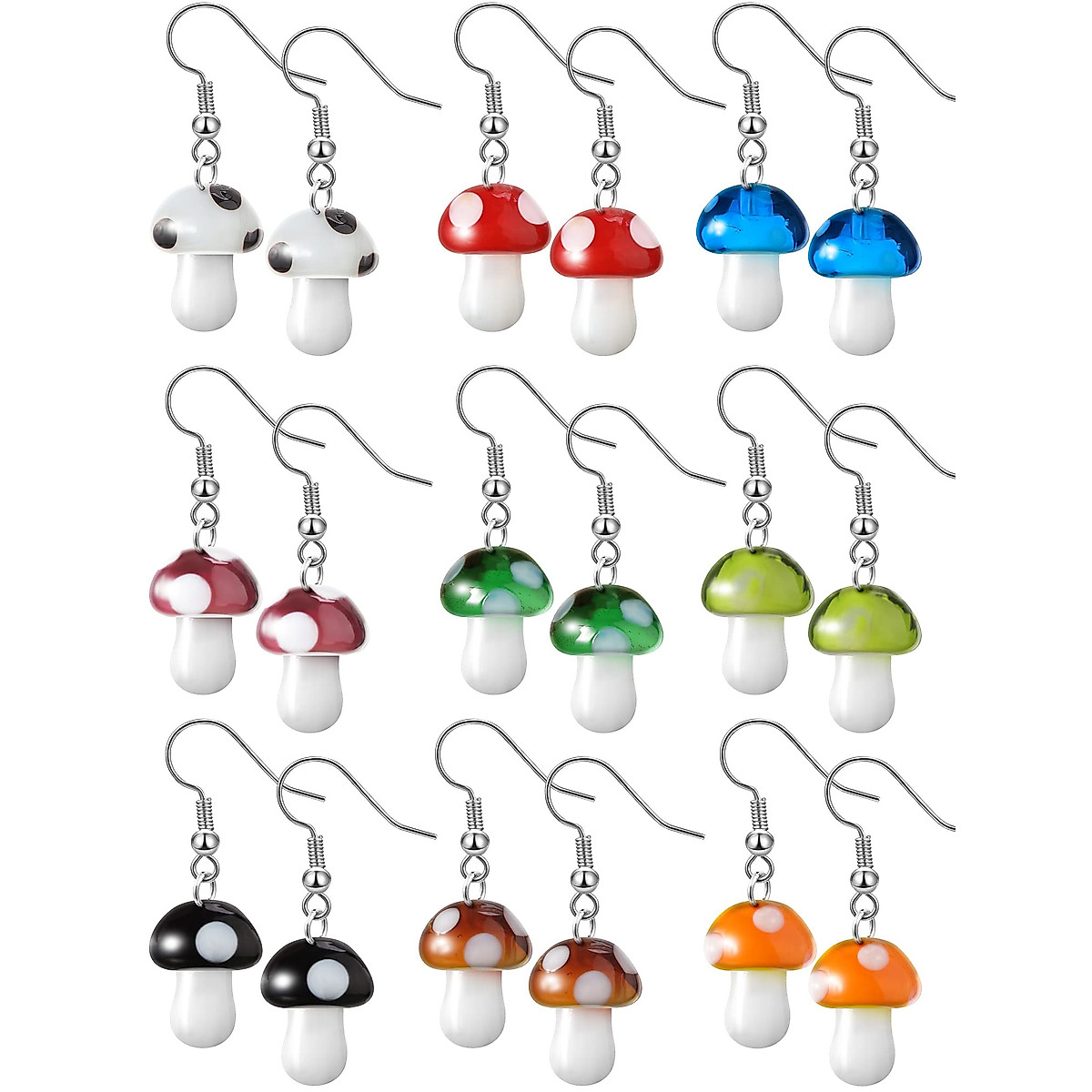 9 Pairs Mushroom Earrings for Women Long Pendant Glass Mushroom Earrings Colorful Steampunk Earrings Creative Funny Earrings Cute Weird Earrings Women's Drop and Dangle Earrings