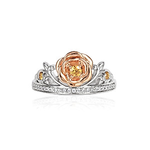 Jewelili Disney Princess Belle Inspired Rose Ring with 1/10 CTTW Diamonds and Yellow Citrine in 14K Rose Gold over Sterling Silver Size 9 Enchanted Disney Fine Jewelry