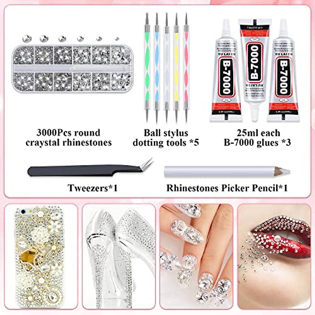 B7000 Rhinestone for Glue, 3 PCS 25ml Craft Adhesive Glue for Crafts with 3000pcs Flatback Rhinestones Gems with Picker Tool Wax Pencil Fabric Glue for Nail Art Bead Jewelry Making Clothes Shoe Bags