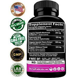 Natural Hyaluronic Acid Supplement 5X Stronger Hydration Pills from Pure Tremella Mushroom with Vitamin C & Hibiscus - Skin Supplement Anti Wrinkle Dietary Capsules - Hair Nails Vitamins