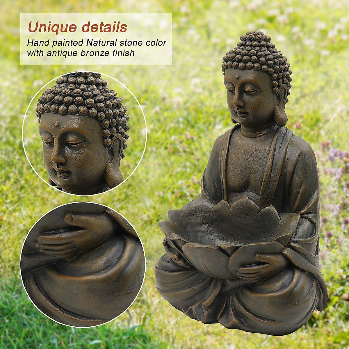 Goodeco 12" Meditating Buddha Statue Figurine w/Lotus - Zen Garden Statues for Indoor/Outdoor Decor- with Magical Glow in Dark Pebbles & Glass Stones, Ideal Gifts for Home (Brown)