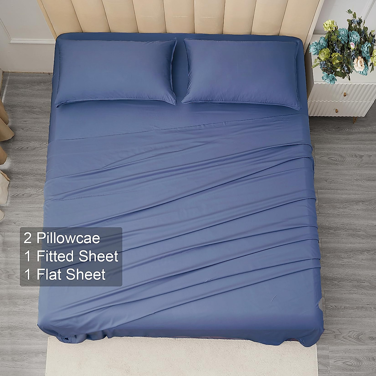 WODFAMY Cooling Breathable Rayon Full Size Bed Sheets Set 225 Thread Count Super Silky Soft Bedding Sheet Sets with 16 Inch Deep Pocket, 4 Piece Grey Blue