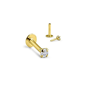 Nose Ring Bling 14k Yellow Gold Threadless Push Pin Labret Nose Ring Stud 3/8 inch 9mm Post 3mm Clear CZ 18G F5652-3mm-YG-18G-3/8