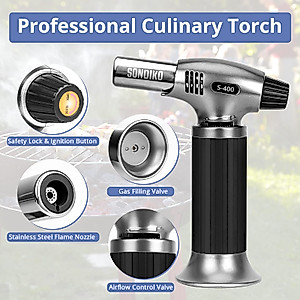 Sondiko Culinary Butane Torch, Black and Gray SP400, Fit All Small Butane Tanks with Safety Lock and Adjustable Flame for Desserts, Creme Brulee(Butane Gas Not Included)