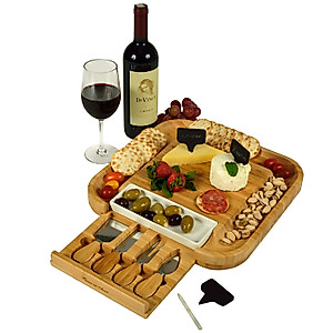 Custom Personalized Engraved Bamboo Cutting Board for Cheese & Charcuterie with Ceramic Dish, Knife Set & Cheese Markers -by Picnic at Ascot USA