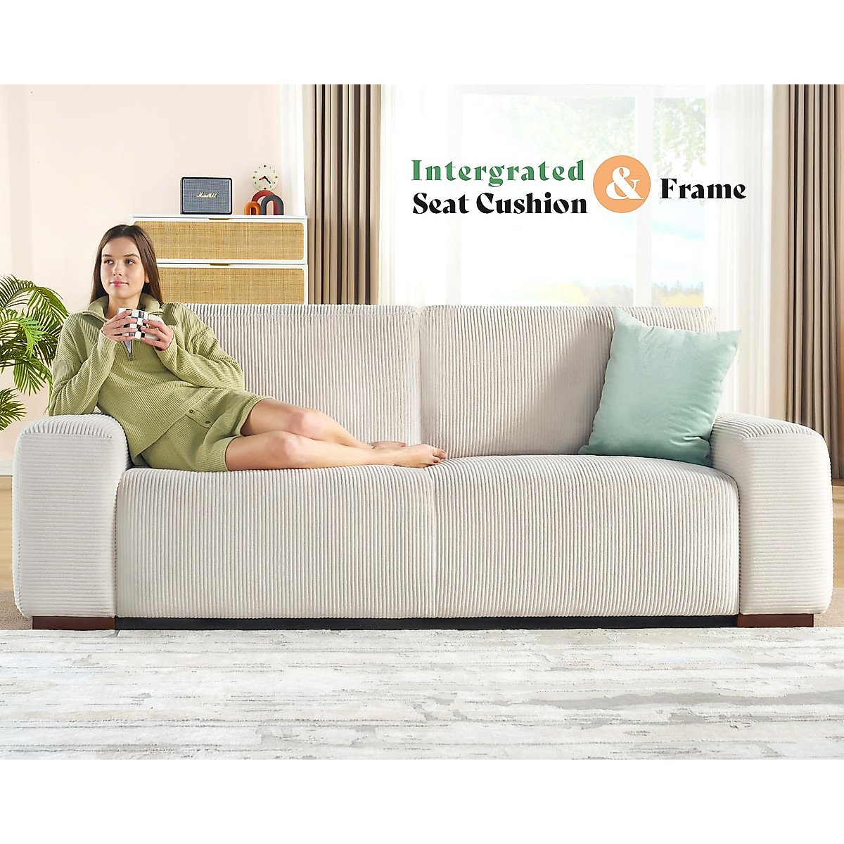 AMERLIFE Sofa, 89 inch Oversized Couch with Thick Armrest, Comfy Sofa Couch for Living Room-3 Seater Sofa in White Corduroy