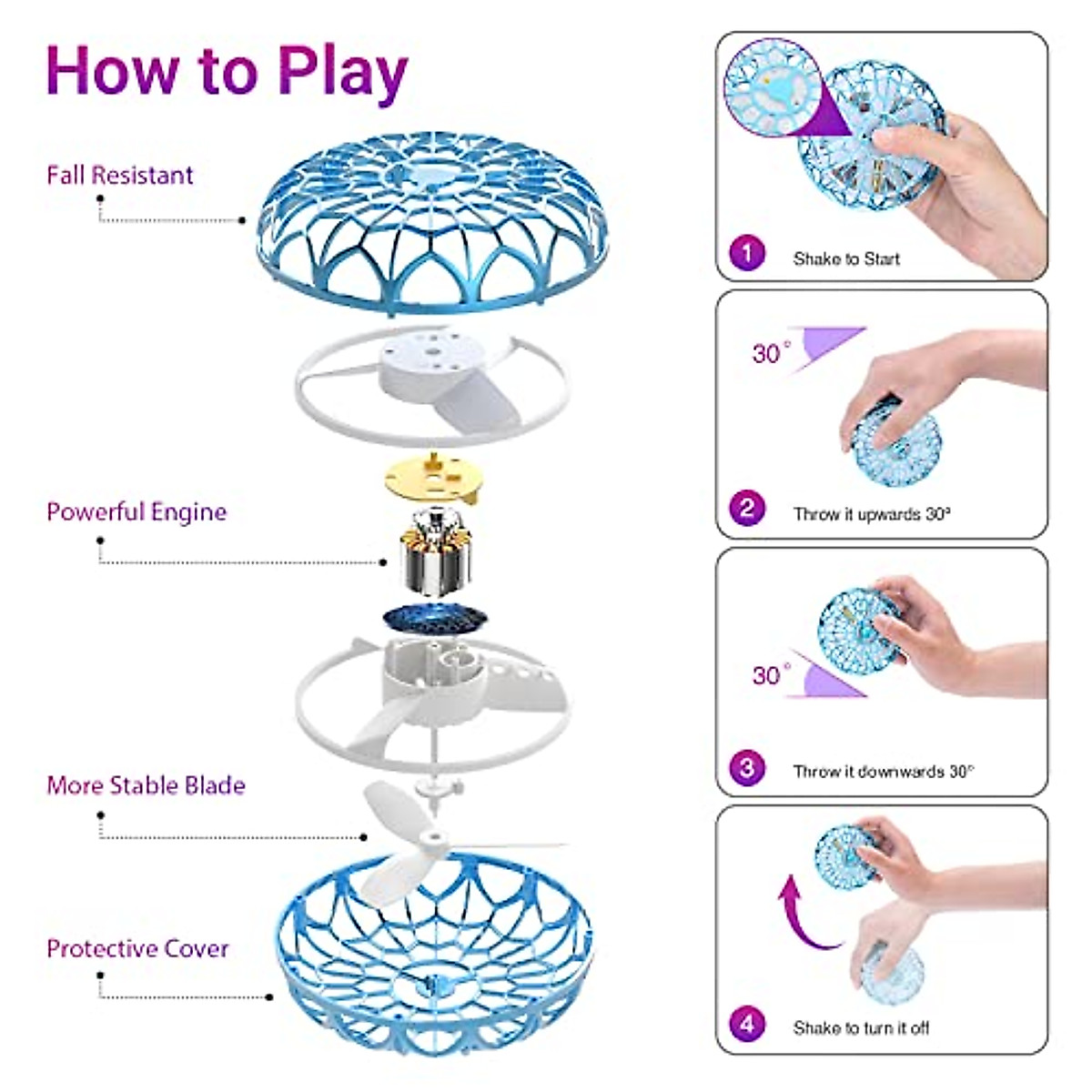 isYoung Hand Operated Boomerang, Mini Drone for Kids Adult, Flying Spinner UFO with LED Light Indoor Outdoor Gift Toys for Boys (Blue)