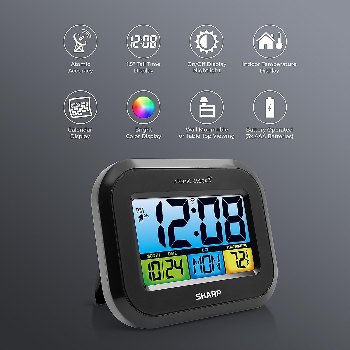 Sharp Atomic Digital Alarm Clock, Battery Operated Self-Setting Digital Wall or Desk Clock, Easy to Read Color Display Nightlight with Indoor Temperature and Calendar