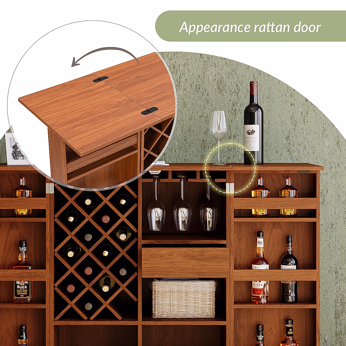 Merax Modern Bar Cabinet with Wine and Glass Rack, Industrial Freestanding Liquor Table & Large Storage Space, Fold Out Rattan Door, 41.9" Home Buffet Sideboard for Kitchen, Dining Room, Walnut