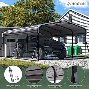HOGYME Carport 12x20 FT Heavy Duty Carport Canopy with Updated Frame Structure Galvanized Steel Roof and Enhanced Base, Metal Carport Garage for Pickup, Boat, Car and Tractors, Grey, Gray, HG1348