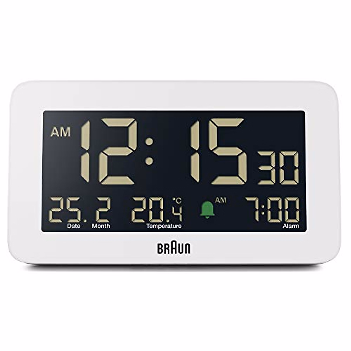 Braun Digital Alarm Clock with Date, Month and Temperature Displayed, Negative LCD Display, Quick Set, Crescendo Beep Alarm in White, Model BC10W.