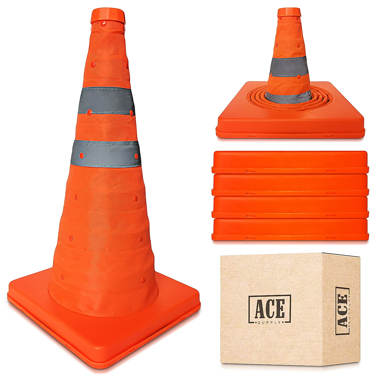 Collapsible Traffic Cones Safety Cones - 4 Pack, 18 Inch - Parking Cones for Parking Lot - Collapsible Cones for Use As Road Cones, Orange Cones for Parking, Collapsible Traffic Cone for Drivers