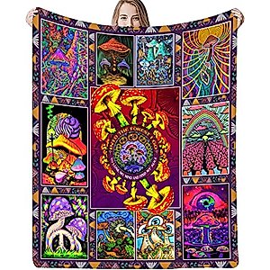 Mushroom Blanket Super Soft Microfiber Flannel Throw Blanket Trippy Mushroom Blankets All Seasons Warm Cozy Fleece Plush Blanket Sofa Couch Bedroom Living Room (Purple，(59 x 79 in))