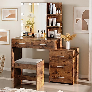 usikey 43.5in Large Vanity Desk with Mirror and 10 LED Lights, Makeup Vanity Table with Lights and 5 Drawers, Vanity Table Vanity Set with Storage Shelves and Stool for Women Girls, Rustic Brown