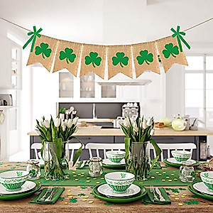 Adurself St. Patrick's Day Burlap Banner Garland Shamrock Clover Rustic Burlap Irish Lucky Day Jute Burlap Mantel Fireplace Wall Hanging for Home Irish Day Celebration St Patricks Day Decorations