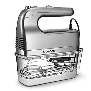 SHARDOR Hand Mixer, 350W Handheld Mixer with Storage Case 5-Speed Plus Turbo Hand Mixer Electric With 5 Stainless Steel Attachments(2 Beaters, 2 Dough Hooks and 1 Whisk), Silver