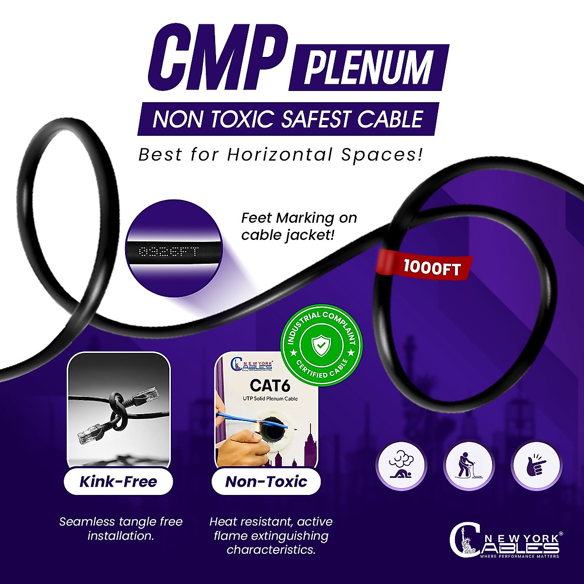 NewYork Cables | CAT6 Plenum Cable 1000ft (CMP) | UTP, 550MHz, 23AWG, 4Pair UTP 10GB Internet Cable | Quality Tested Bulk Ethernet Cable for Networking & Gaming (Black)