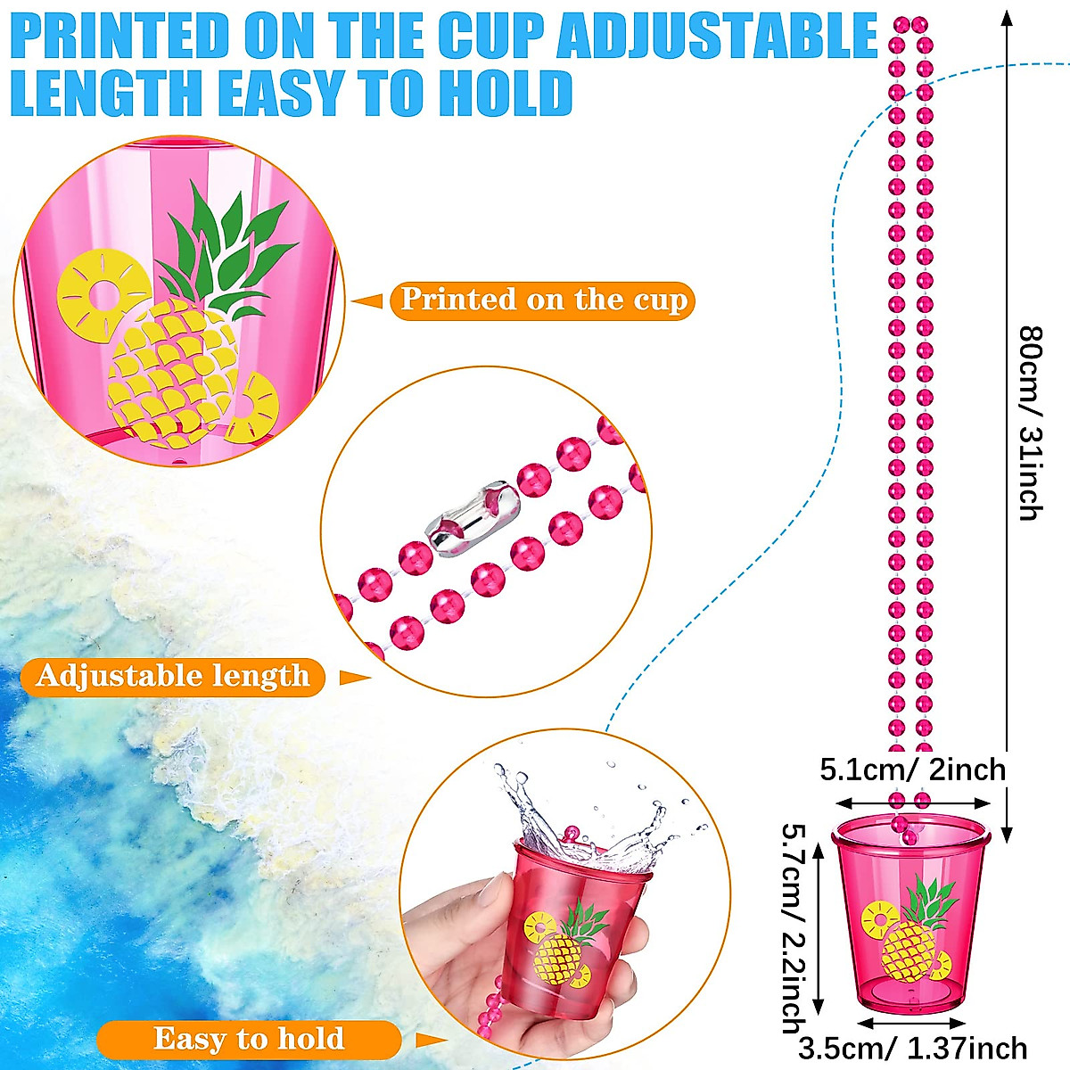 12 Pcs Hawaiian Luau Shot Glasses Bead Necklace Hawaiian Aloha Party Necklace Cups Flamingo Hibiscus Shot Glass Beaded Necklace Plastic Shot Glasses Necklace for Hawaiian, Summer Tiki Party Supplies