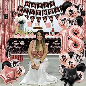 18th Black and Rose Gold Party Decorations - Happy Birthday Banner, Pennant, Birthday Balloons, Fringe Curtains, Tablecloth, Cake Topper, Hanging Swirls 18th Birthday Decorations for Girls Princess