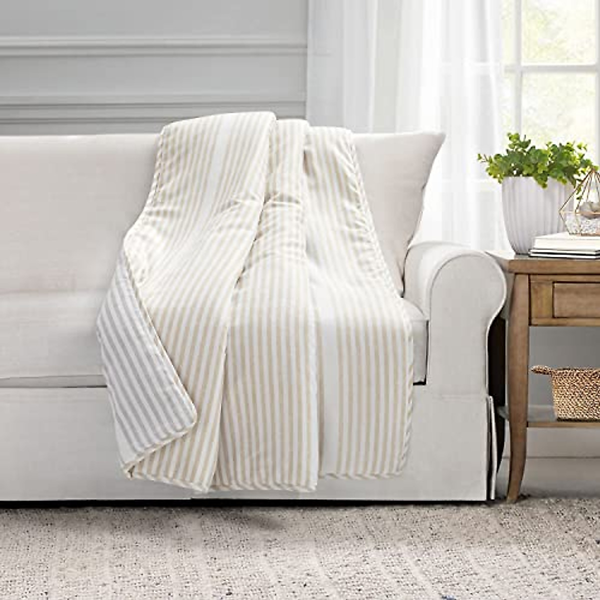 Lush Decor Farmhouse Drew Stripe Silver-Infused Throw Blanket, 60" x 50", Neutral & Gray