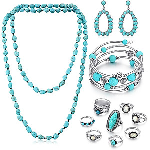 Janmercy 11 Pcs Bohemian Turquoise Jewelry Set Western Jewelry for Women Turquoise Necklace Turquoise Bracelet Earrings and Rings (Stylish Style)