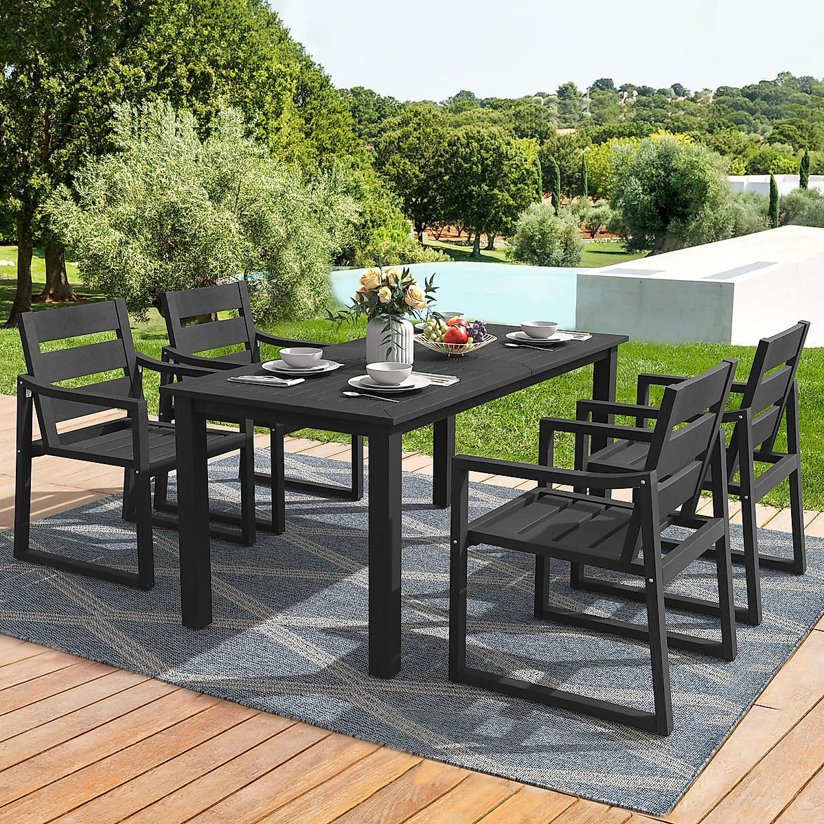 Cozyman HDPS Outdoor Patio Dining Set, 5-Piece, All Weather Outdoor Table and Chairs, Resin Outdoor Kitchen Furniture Dining Sets for Outdoor Indoor, Patio, Lawn, Garden, and Backyard, Black